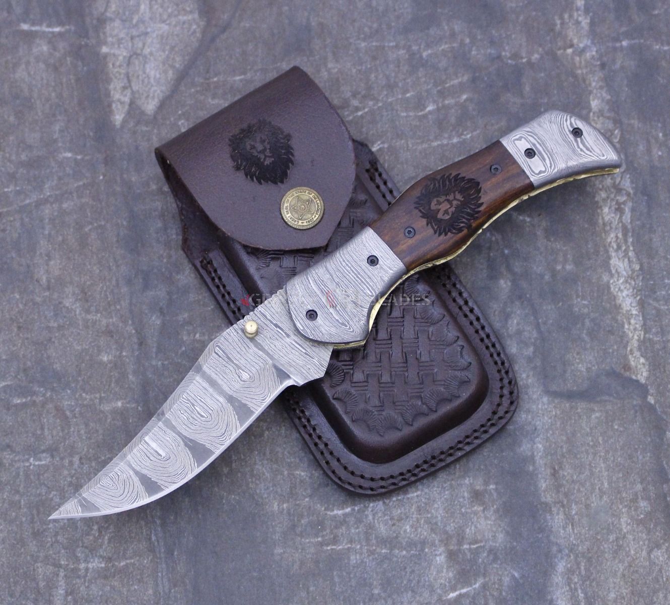 Buy Lion Damascus Steel Custom Handmade Folding/pocket Knife 9 Inches ...
